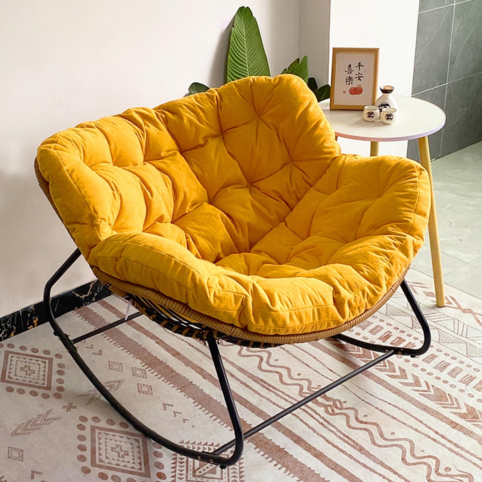 Outdoor Patio Rocking Chair, Indoor Rattan Rocker Egg Chair, Padded Cushion Rocker Recliner Chair Outdoor, Modern Lounge Chair for Front Porch, Balcony, Garden, Lawn, Living Room ( Color : Orange yell