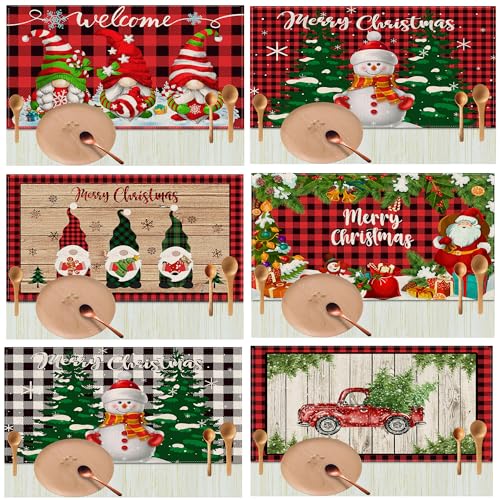 Red and Green Buffalo Plaid Santa Claus, Truck, Snowman Merry Christmas Placemats Set of 6, 12x18 Inch Winter Table Mats for Party Kitchen Dining Decoration (A)