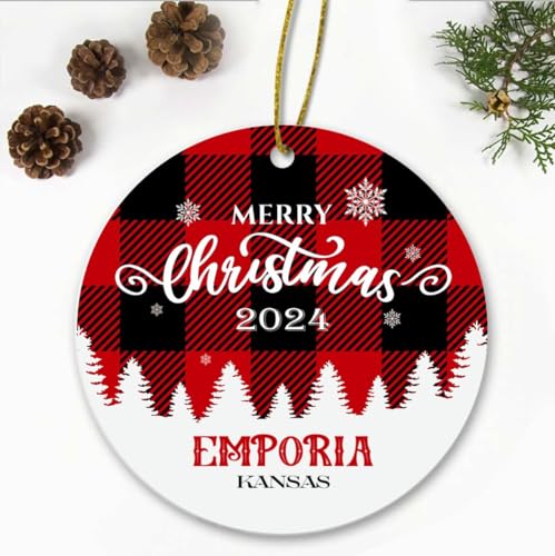 Merry Christmas Emporia Kansas Ornament 2024 - Xmas Holiday Keepsake for Decor Emporia KS Ornament Souvenir Gift Family Friends - New Home Ornament 3" Plastic