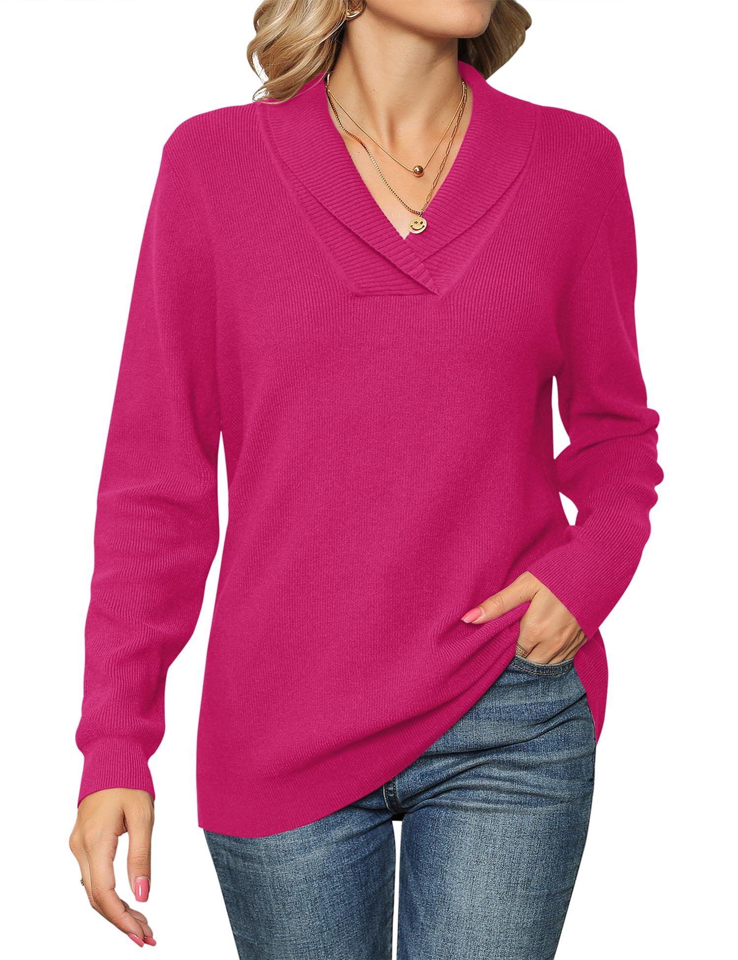 Ivicoer Sweater for Women Collared V Neck Pullover Ladies Knitted Long Sleeve Tops Casual Fall Winter Trendy