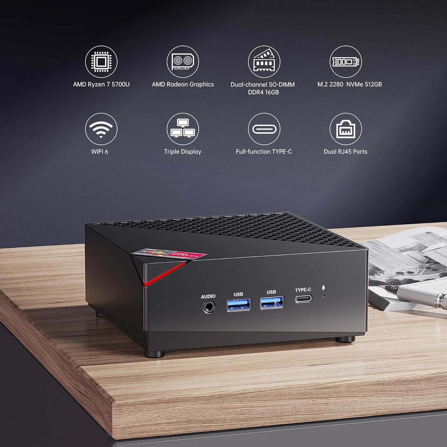 ACEMAGICIAN Dual LAN Mini PC,AMD Ryzen 7 5700U (8C/16T,up to 4.3Ghz) 16GB DDR4 512GB SSD, Mini Computers 4K@60Hz Triple Display Desktop Portable WiFi 6/Bluetooth 5.2