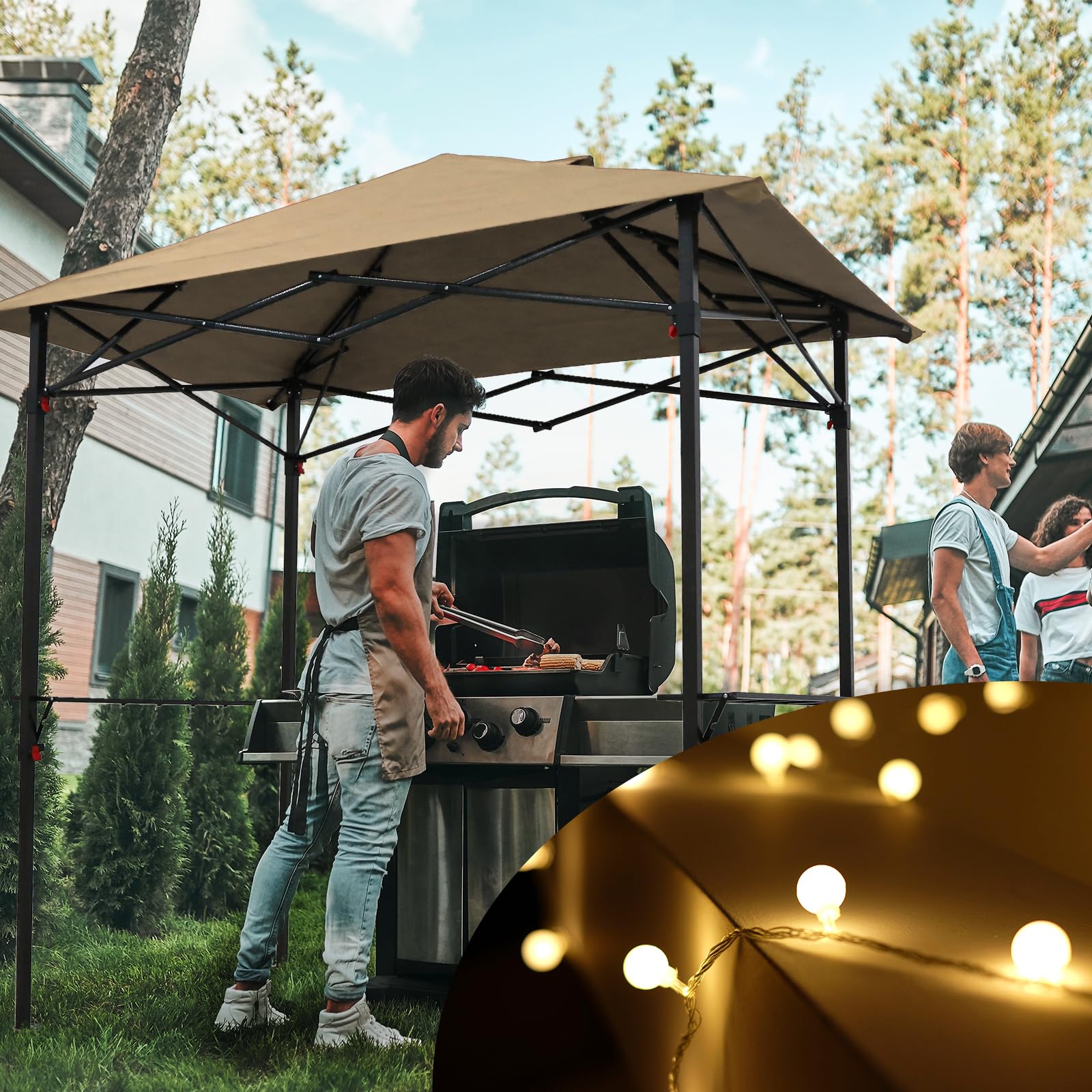 COOS BAY 8x5 Pop up Grill Gazebo with LED Globe String Lights