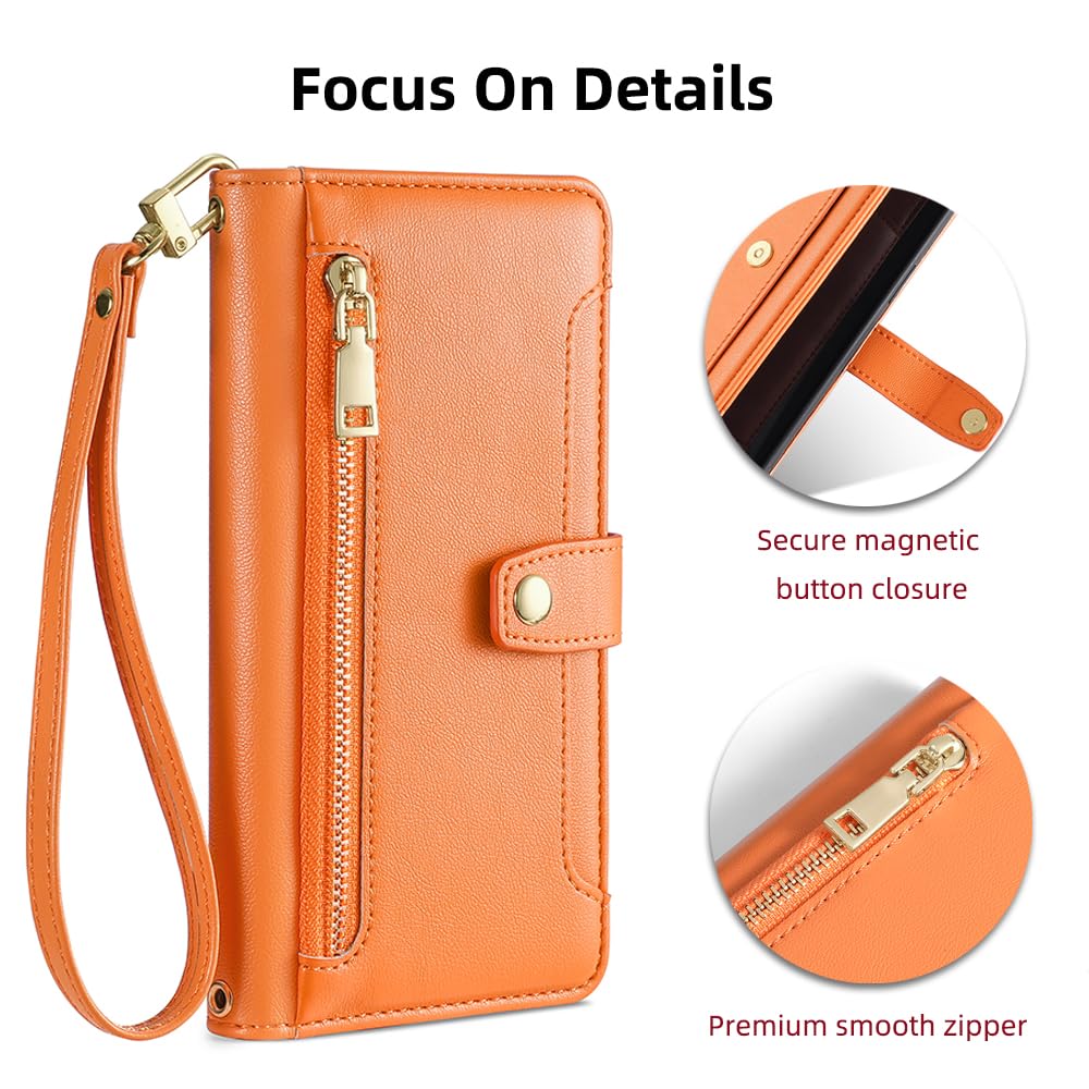 Arseaiy Wallet Case for Samsung Galaxy A04 4G Flip Phone Case with Crossbody Strap Magnetic Handbag Zipper Pocket PU Leather Shockproof with Kickstand Phone Shell Orange