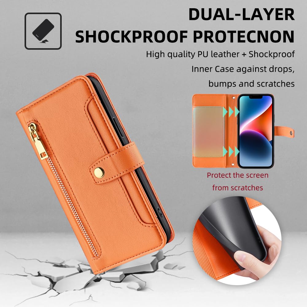 Arseaiy Wallet Case for Samsung Galaxy A04 4G Flip Phone Case with Crossbody Strap Magnetic Handbag Zipper Pocket PU Leather Shockproof with Kickstand Phone Shell Orange