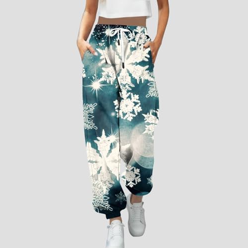 Oversized Sweatpants,High Waisted Sweatpants for Women Christmas Print Elastic Waisted Workout Jogging Drawstring Casual Baggy Lounge Bottoms Snowflake Graphic Print Light Blue XL