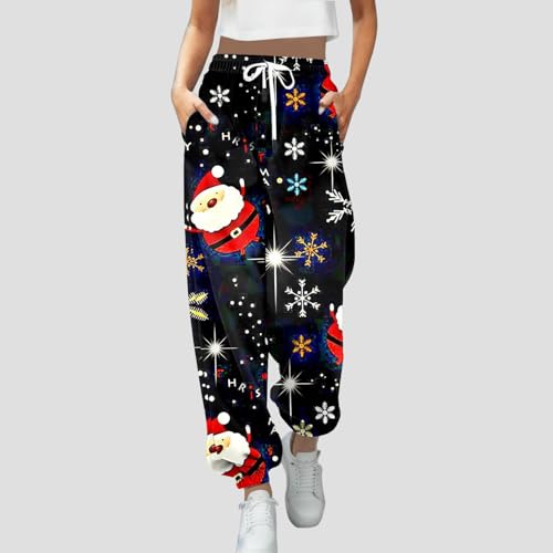 Womens Cargo Sweatpants,Womens Sweatpants with Pockets Christmas Print High Waisted Workout Active Joggers Drawstring Lounge Running Sweatpants Red Wine Glass Graphic Print Black XL
