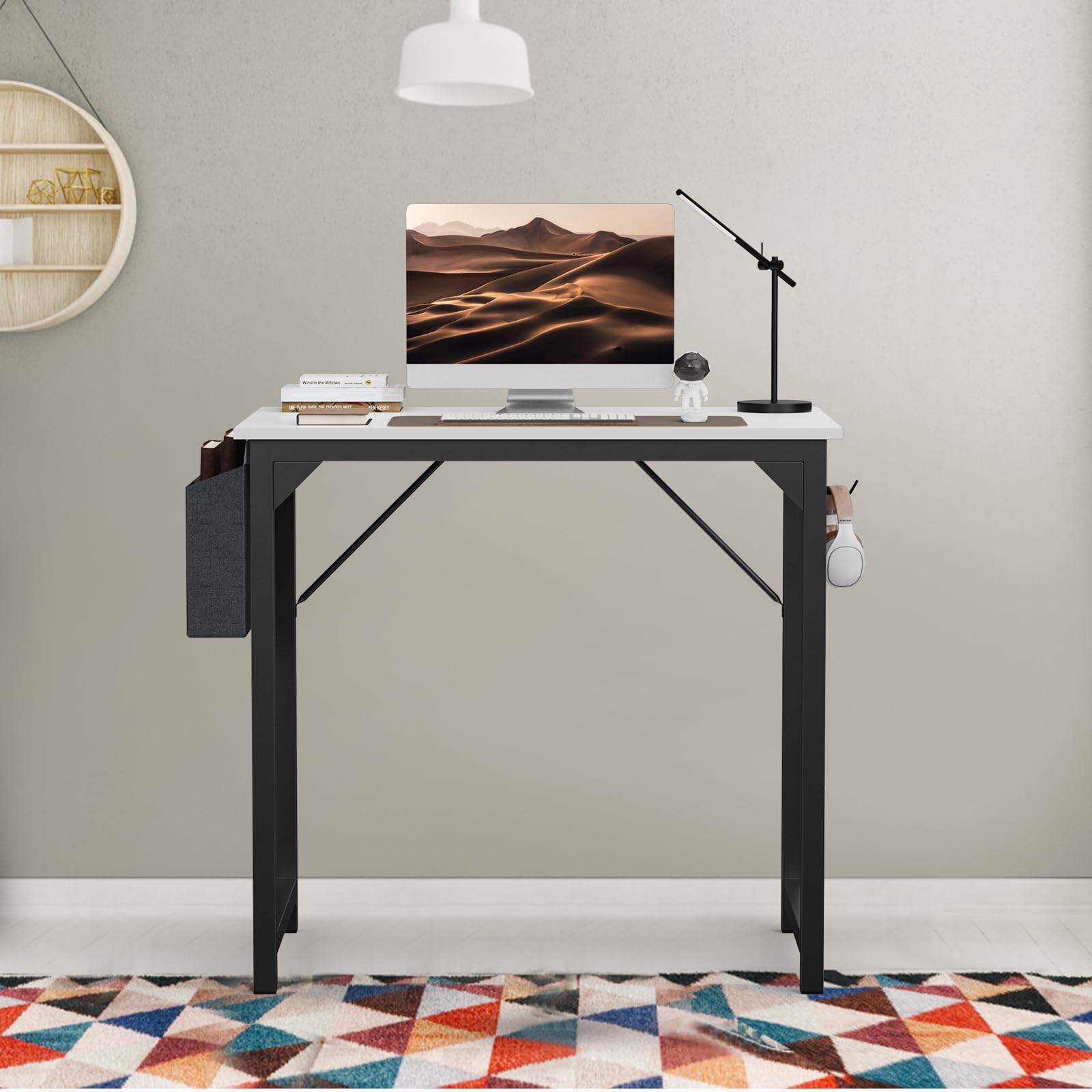 SMUG Computer Desk 32 Inch Home Office Writing Wood Desk Storage Bag & Headphone Hook Small Spaces Simple Bedroom Work Study Kids Table, White