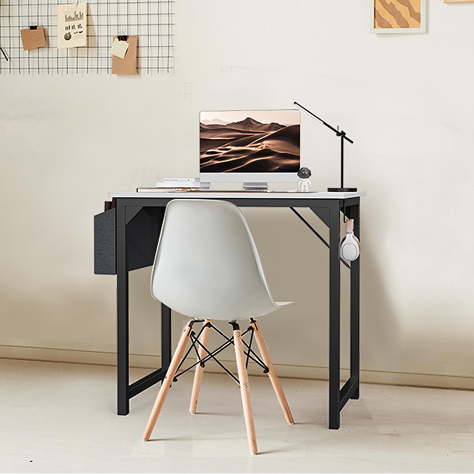 SMUG Computer Desk 32 Inch Home Office Writing Wood Desk Storage Bag & Headphone Hook Small Spaces Simple Bedroom Work Study Kids Table, White