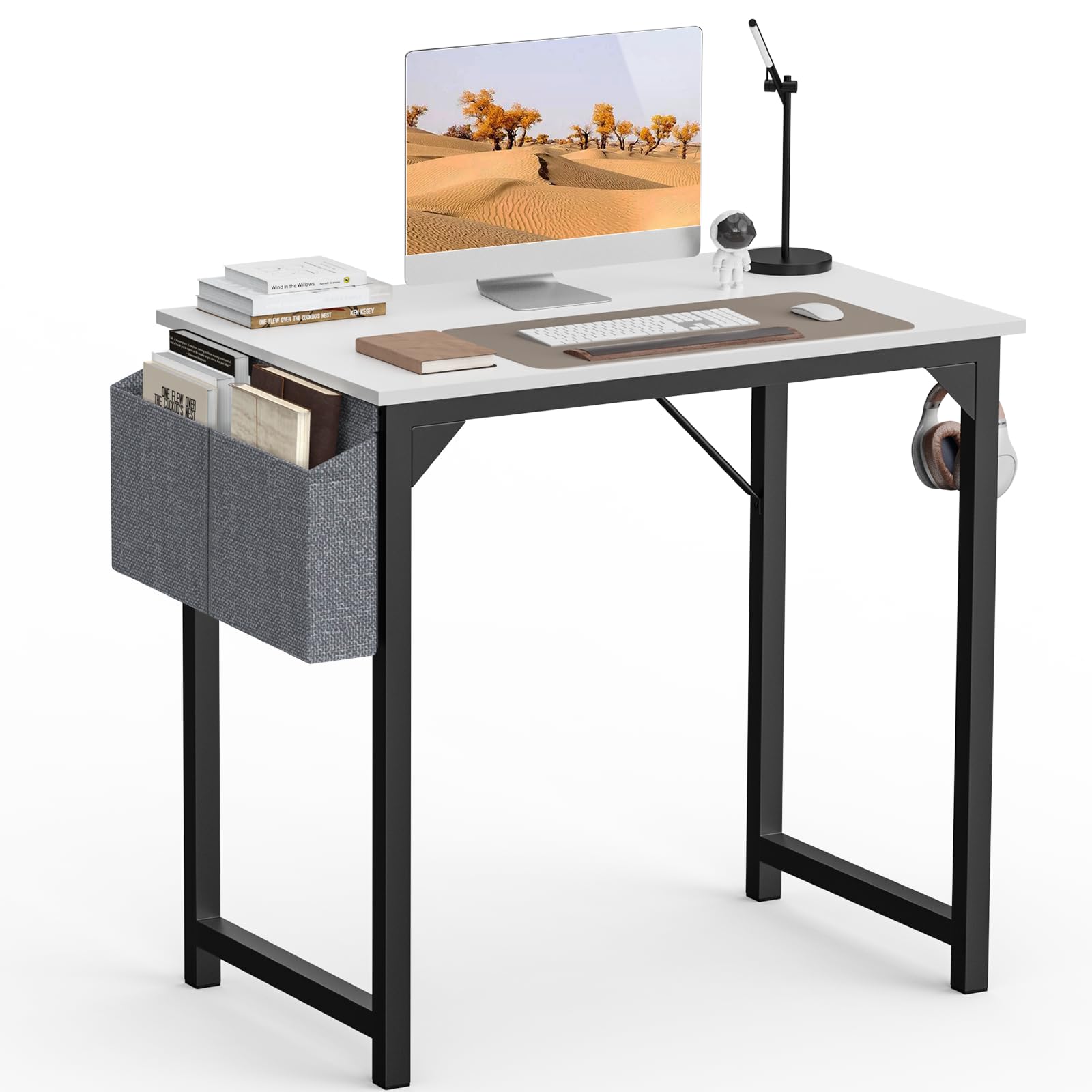 SMUG Computer Desk 32 Inch Home Office Writing Wood Desk Storage Bag & Headphone Hook Small Spaces Simple Bedroom Work Study Kids Table, White