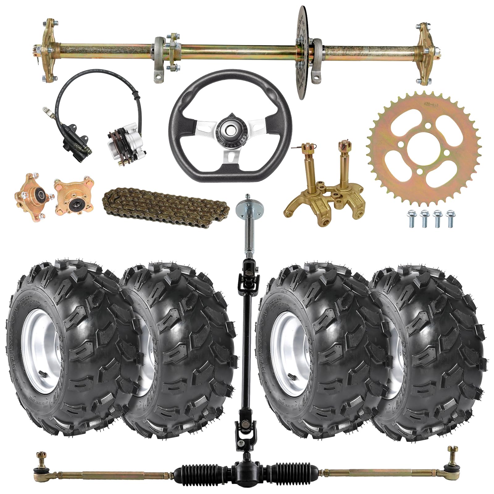 YC Yier 32" Go Kart Rear Live Axle Kit, 8" Complete Wheels Tires, 428 Sprocket, 4 Stud Hubs, Brakes, Front Steering Wheel Gear Rack Shaft Assembly for DIY Drift Trike Parts Golf Cart ATV Quad Buggy