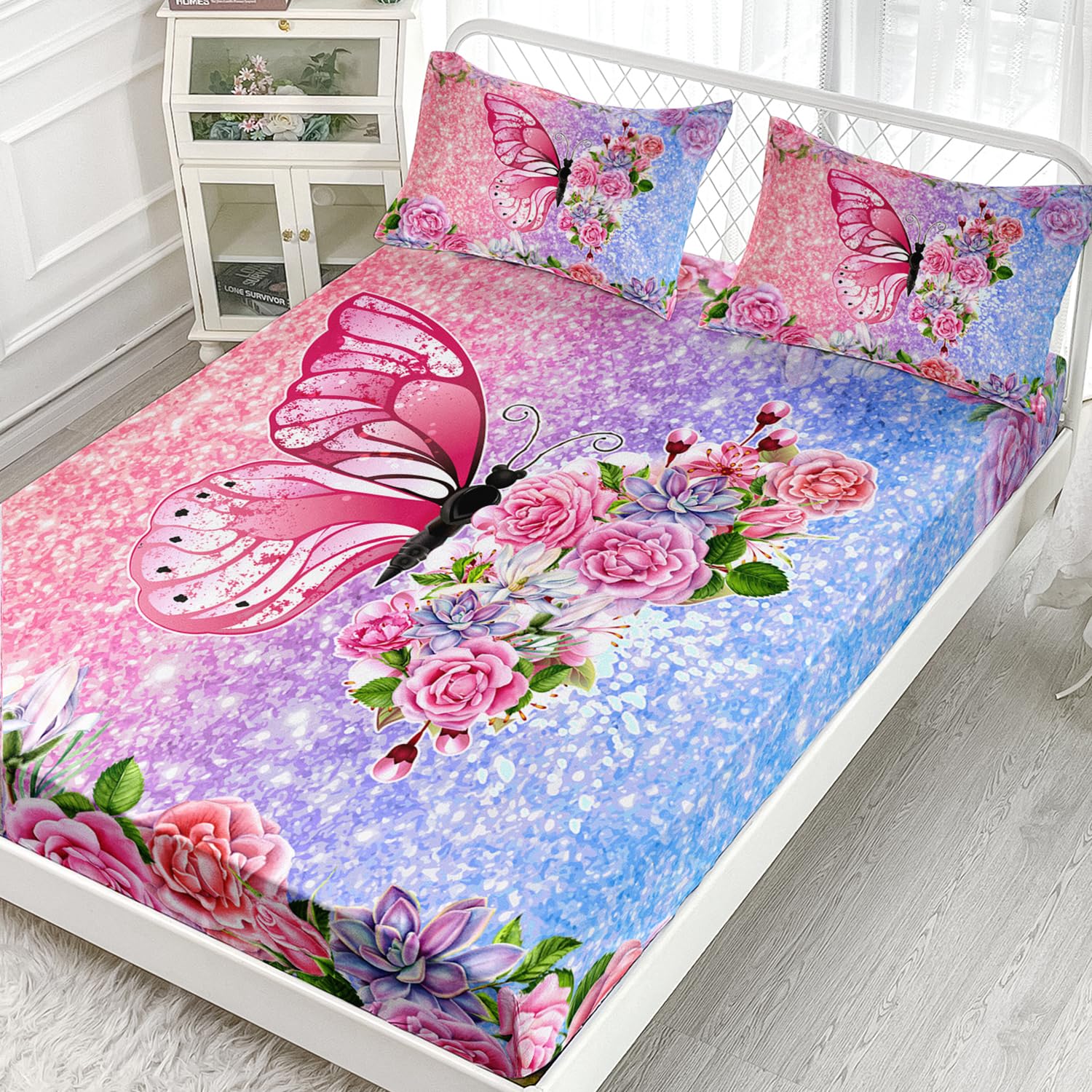 AILONEN Beautiful Butterfly Fitted Sheet Full Size, Sparkling Blue Pink Butterfly with Floral Bedding Set for Girls Women,Starry Theme Bed Sheet Set,3 Pieces,1 Fitted Sheet and 2 Pillowcases