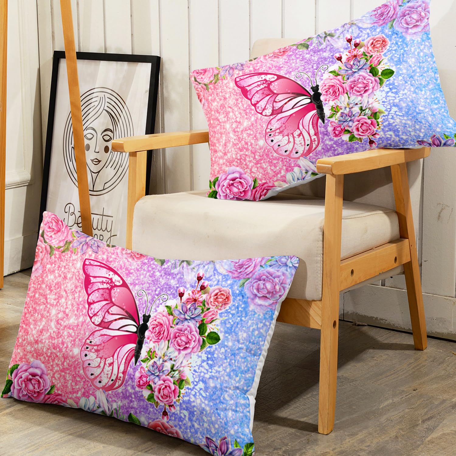 AILONEN Beautiful Butterfly Fitted Sheet Full Size, Sparkling Blue Pink Butterfly with Floral Bedding Set for Girls Women,Starry Theme Bed Sheet Set,3 Pieces,1 Fitted Sheet and 2 Pillowcases