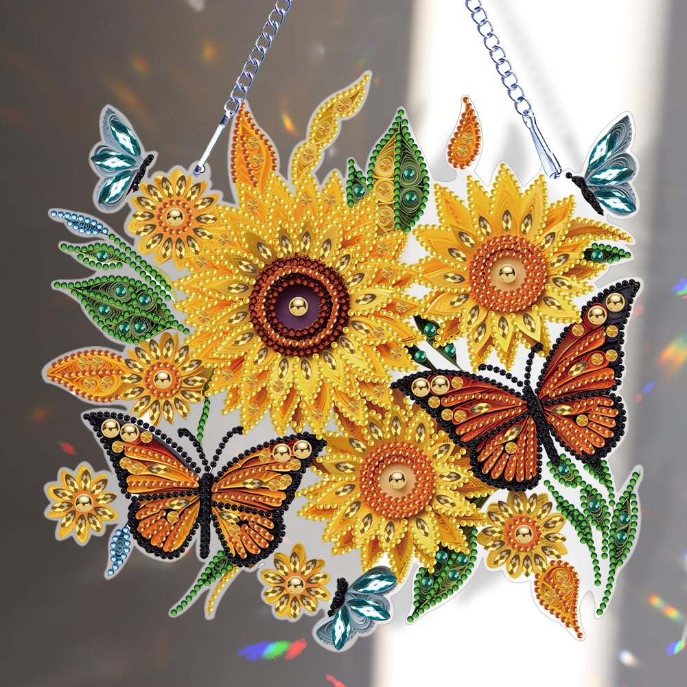 AZURAOKEY Sunflower Diamond Art Kits Hanging Sign Special Shaped Diamond Dots Art Acrylic Ornaments Flower Diamond Art Kits Pendant for Adult Kid Home Wall Window Decor Gift