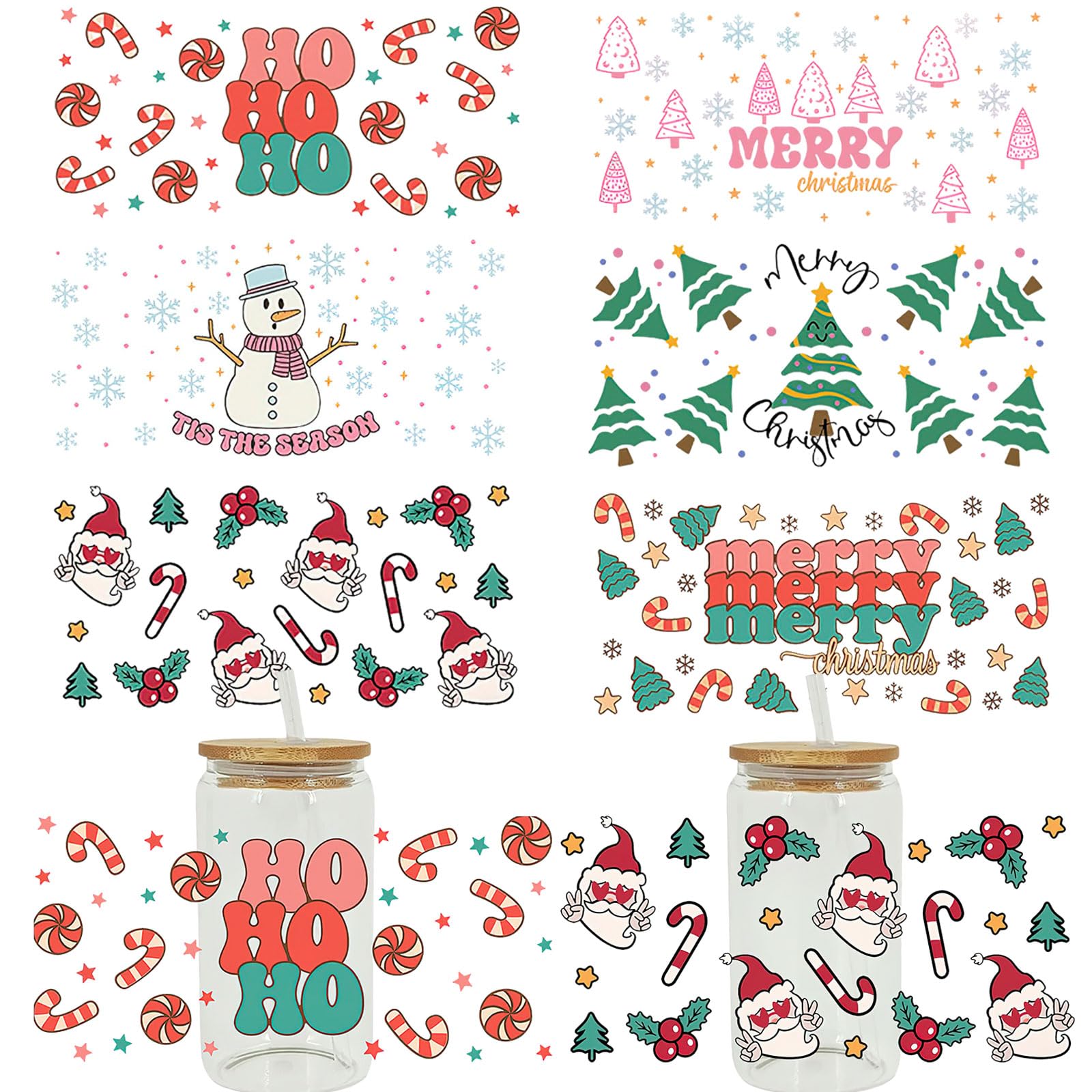 UV DTF Cup Wrap Cute Christmas Theme Stickers for Glass Cups 3D Waterproof Rub on Transfers for 16OZ Libbey Glass Cups Furniture Crafting 6 Sheets