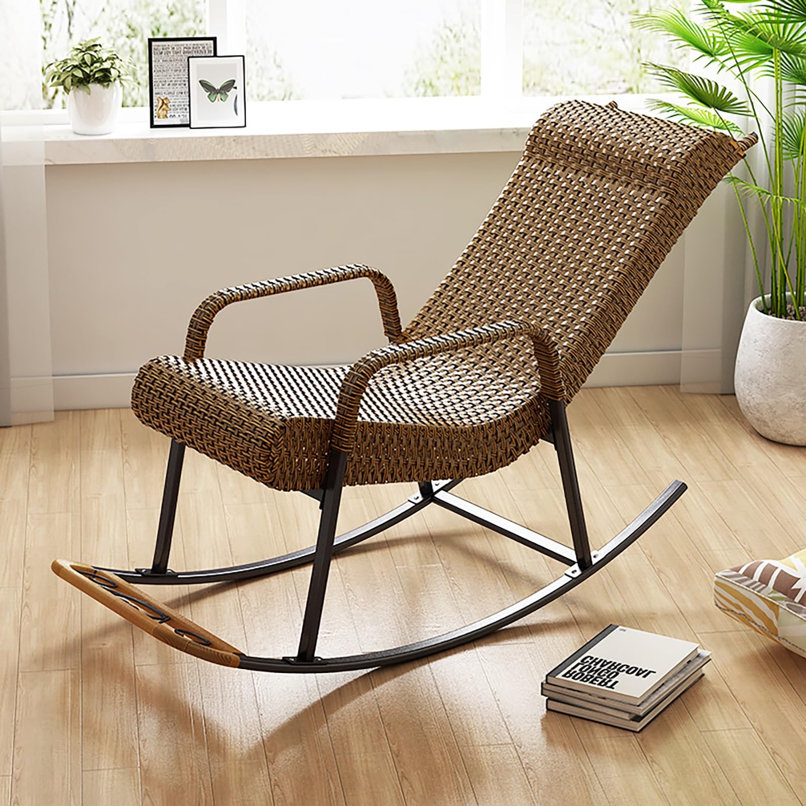 Rattan Chairs Rocking Chair Outdoor Rocker Oversized Rocker With Footrest, Modern Patio Chairs Camping Chairs With Steel Frame For Patio, Backyard, Balcony, Porch, Load Capacity 150KG ( Color : D )