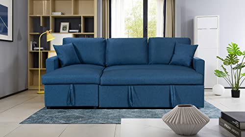 OMGO 82'' L-Shape Convertible Sleeper Sectional Sofa with Storage Chaise and Pull-Out Bed, Linen Upholstered Reversible Corner 3 Person Couch, for Living Room, Apartment, 82, Blue