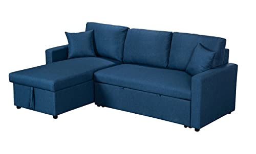 OMGO 82'' L-Shape Convertible Sleeper Sectional Sofa with Storage Chaise and Pull-Out Bed, Linen Upholstered Reversible Corner 3 Person Couch, for Living Room, Apartment, 82, Blue