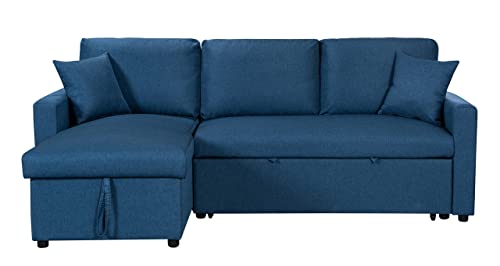 OMGO 82'' L-Shape Convertible Sleeper Sectional Sofa with Storage Chaise and Pull-Out Bed, Linen Upholstered Reversible Corner 3 Person Couch, for Living Room, Apartment, 82, Blue