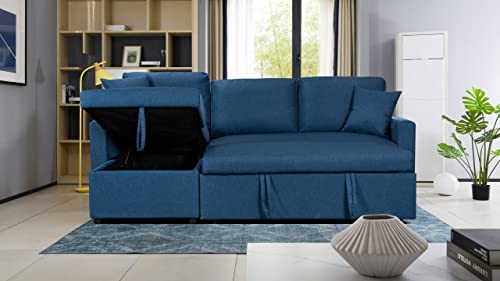 OMGO 82'' L-Shape Convertible Sleeper Sectional Sofa with Storage Chaise and Pull-Out Bed, Linen Upholstered Reversible Corner 3 Person Couch, for Living Room, Apartment, 82, Blue