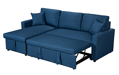 OMGO 82'' L-Shape Convertible Sleeper Sectional Sofa with Storage Chaise and Pull-Out Bed, Linen Upholstered Reversible Corner 3 Person Couch, for Living Room, Apartment, 82, Blue
