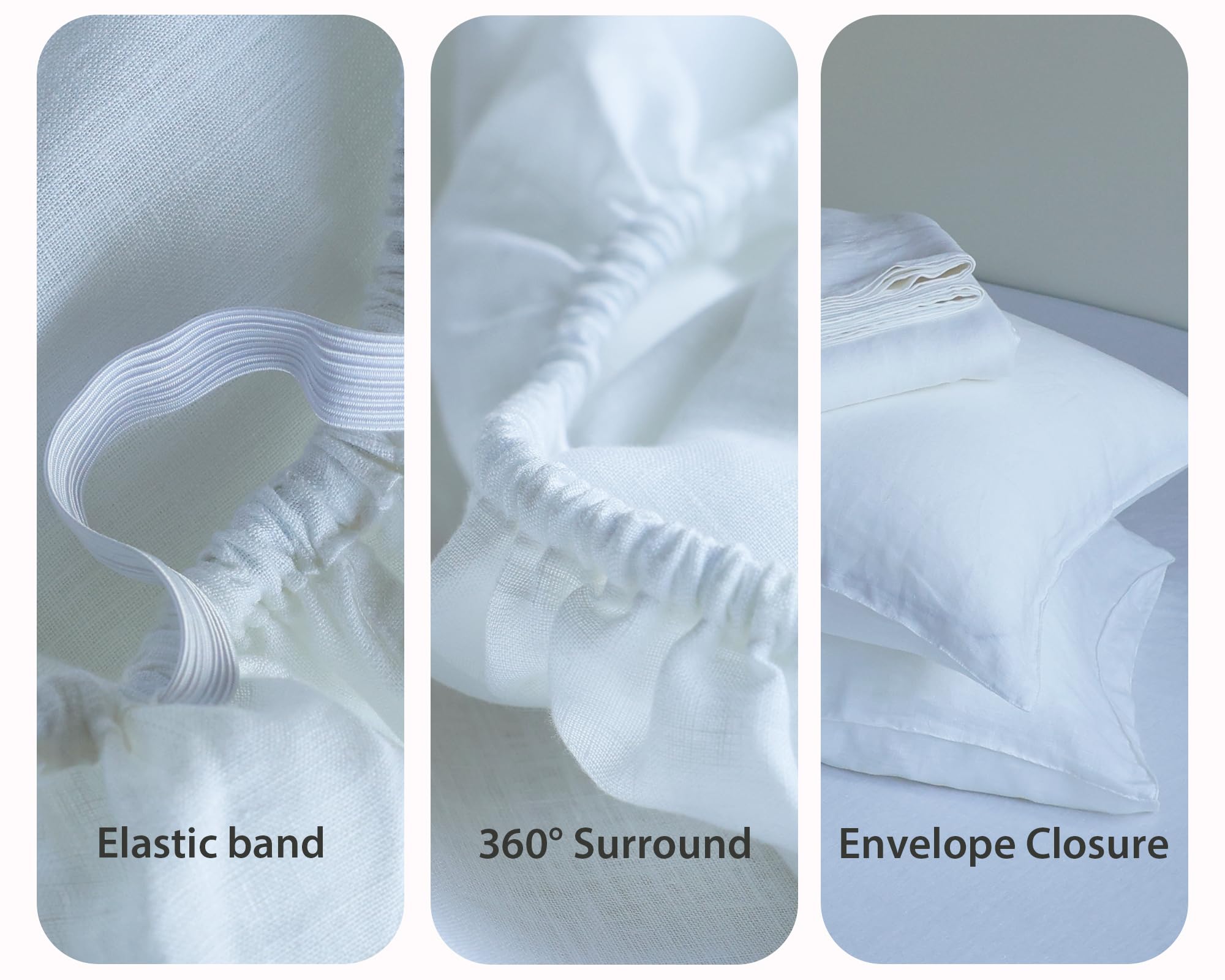 XZ XIFA White Linen Sheets Full Set, 100% Washed French Flax Organic Linen, Breathable and Cooling Sheets for Hot Sleepers - Queen Bed Set (1 Flat, 1 Fitted, 2 Pillowcases)