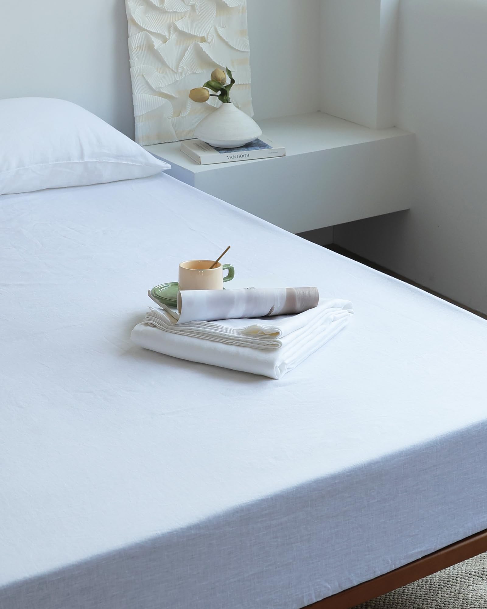XZ XIFA White Linen Sheets Full Set, 100% Washed French Flax Organic Linen, Breathable and Cooling Sheets for Hot Sleepers - Queen Bed Set (1 Flat, 1 Fitted, 2 Pillowcases)