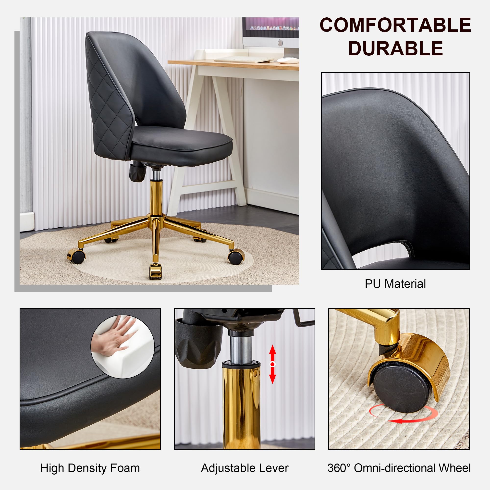 BAOMKONG PU Leather Office Chair Adjustable 360 ° Swivel Back Support Desk Chair,Computer Chair for Office,Bedroom,Home Office.(Black)