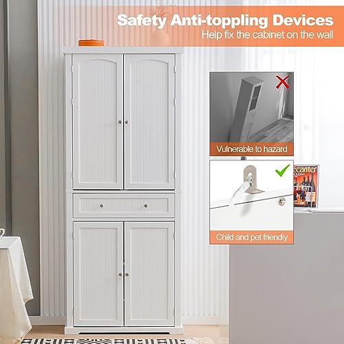 SILKYDRY 72" Tall Kitchen Pantry Cabinet, Freestanding Cupboard w/ 4 Doors & 1 Drawer, 6 Hanging Shelves & 4 Adjustable Shelves, Versatile Storage Cabinet for Dining Room, Laundry, Living Room, White