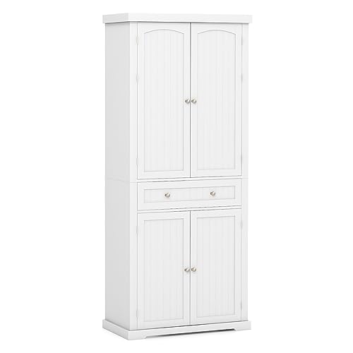SILKYDRY 72" Tall Kitchen Pantry Cabinet, Freestanding Cupboard w/ 4 Doors & 1 Drawer, 6 Hanging Shelves & 4 Adjustable Shelves, Versatile Storage Cabinet for Dining Room, Laundry, Living Room, White