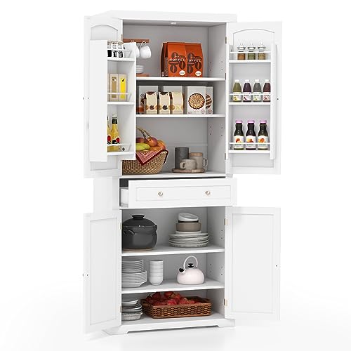 SILKYDRY 72" Tall Kitchen Pantry Cabinet, Freestanding Cupboard w/ 4 Doors & 1 Drawer, 6 Hanging Shelves & 4 Adjustable Shelves, Versatile Storage Cabinet for Dining Room, Laundry, Living Room, White