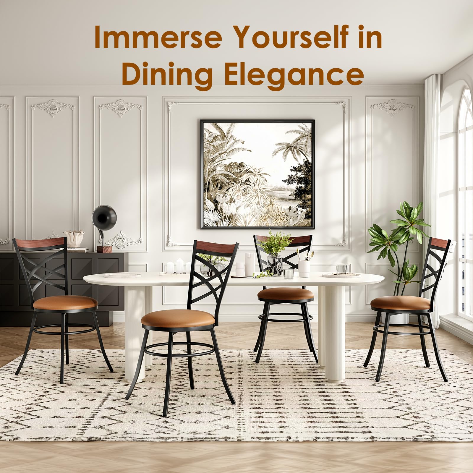 Soohow Upholstered Set of 4, Faux Leather Cushion Mid Century X Back Comfortable Swivel Room Retro Set,350LB,Whisky, Dining Chairs 4 PCS, Whiskey Brown