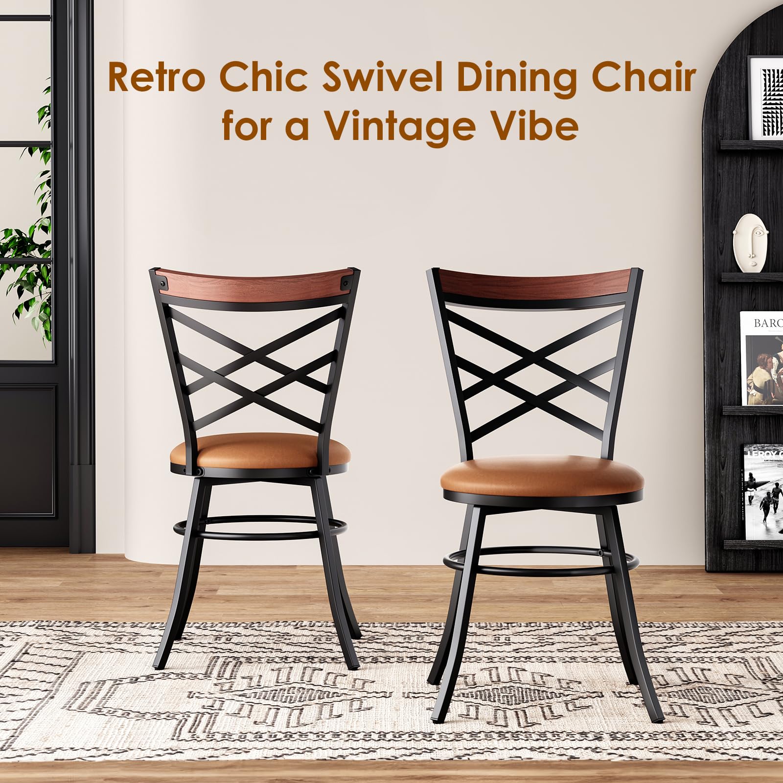 Soohow Upholstered Set of 4, Faux Leather Cushion Mid Century X Back Comfortable Swivel Room Retro Set,350LB,Whisky, Dining Chairs 4 PCS, Whiskey Brown
