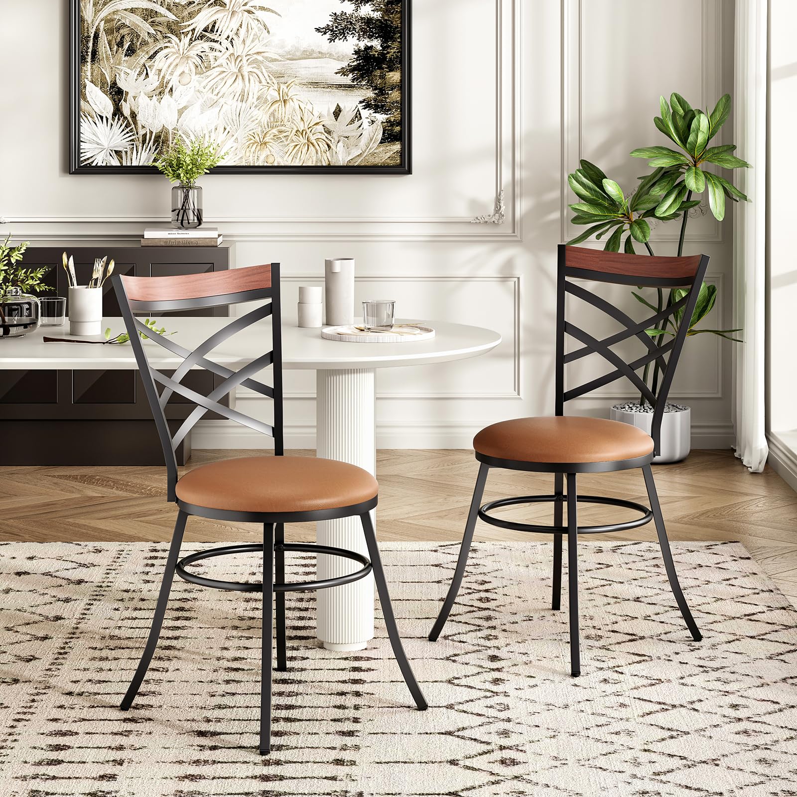 Soohow Upholstered Set of 4, Faux Leather Cushion Mid Century X Back Comfortable Swivel Room Retro Set,350LB,Whisky, Dining Chairs 4 PCS, Whiskey Brown