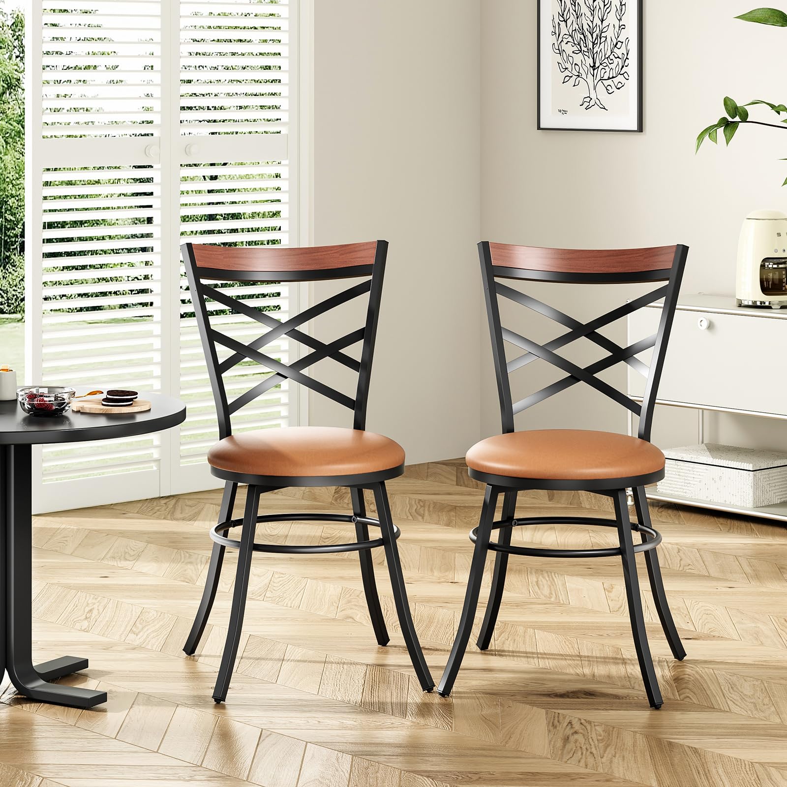 Soohow Upholstered Set of 4, Faux Leather Cushion Mid Century X Back Comfortable Swivel Room Retro Set,350LB,Whisky, Dining Chairs 4 PCS, Whiskey Brown