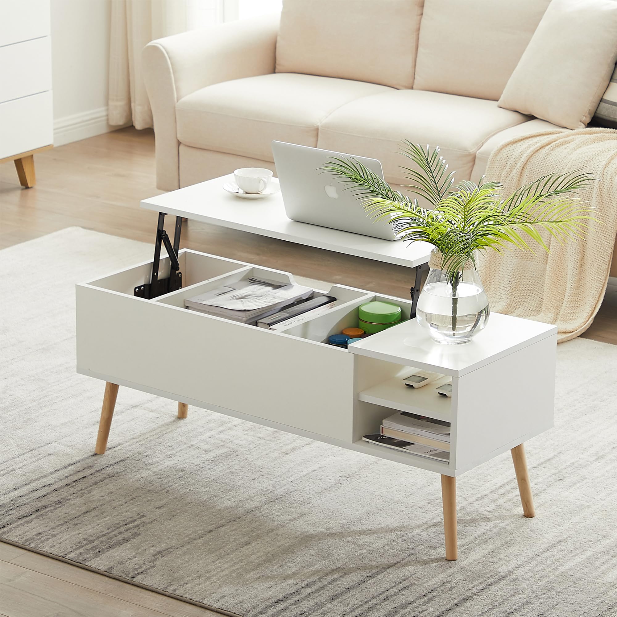 JZXSHD White Wood Lift Top Coffee Table with Hidden Compartment and Adjustable Storage Shelf, Solid Wood Legs Coffee Table with Open Storage Shelf for Home Living Room, Office
