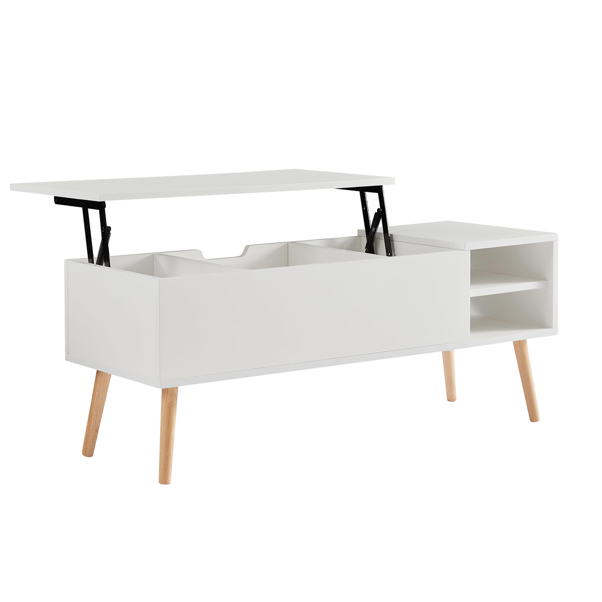 JZXSHD White Wood Lift Top Coffee Table with Hidden Compartment and Adjustable Storage Shelf, Solid Wood Legs Coffee Table with Open Storage Shelf for Home Living Room, Office
