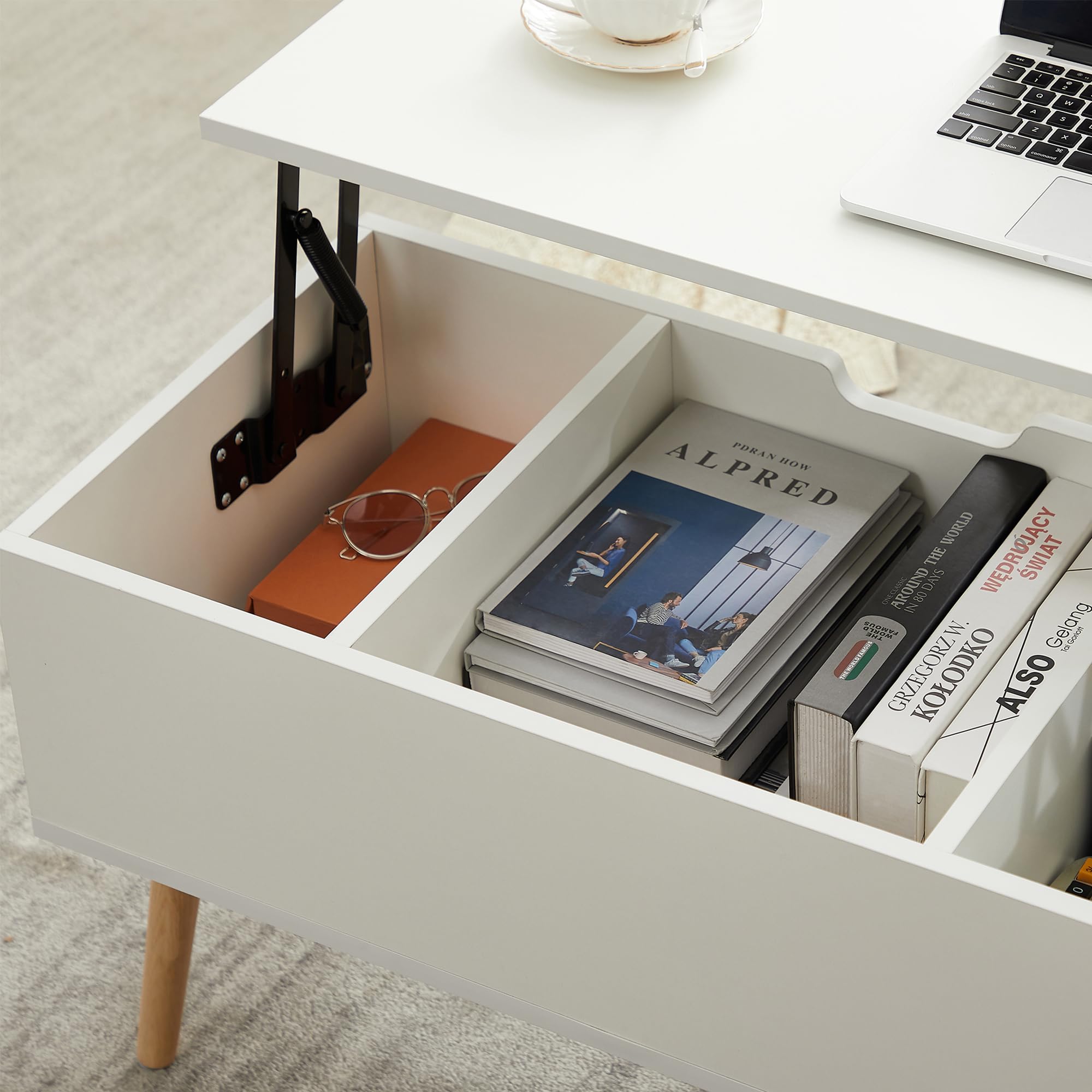 JZXSHD White Wood Lift Top Coffee Table with Hidden Compartment and Adjustable Storage Shelf, Solid Wood Legs Coffee Table with Open Storage Shelf for Home Living Room, Office