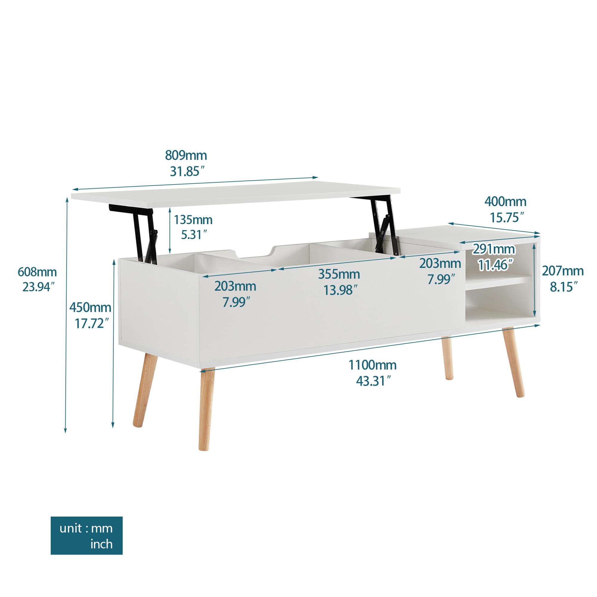 JZXSHD White Wood Lift Top Coffee Table with Hidden Compartment and Adjustable Storage Shelf, Solid Wood Legs Coffee Table with Open Storage Shelf for Home Living Room, Office