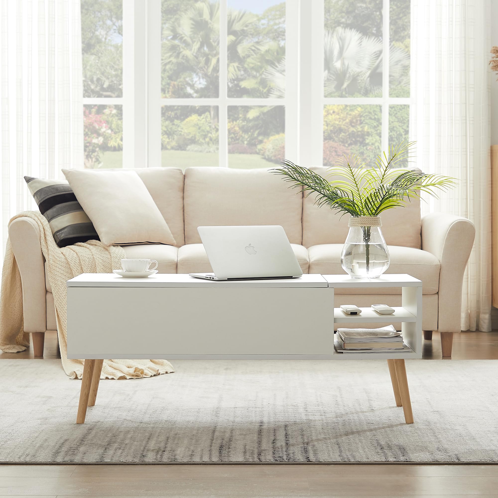 JZXSHD White Wood Lift Top Coffee Table with Hidden Compartment and Adjustable Storage Shelf, Solid Wood Legs Coffee Table with Open Storage Shelf for Home Living Room, Office