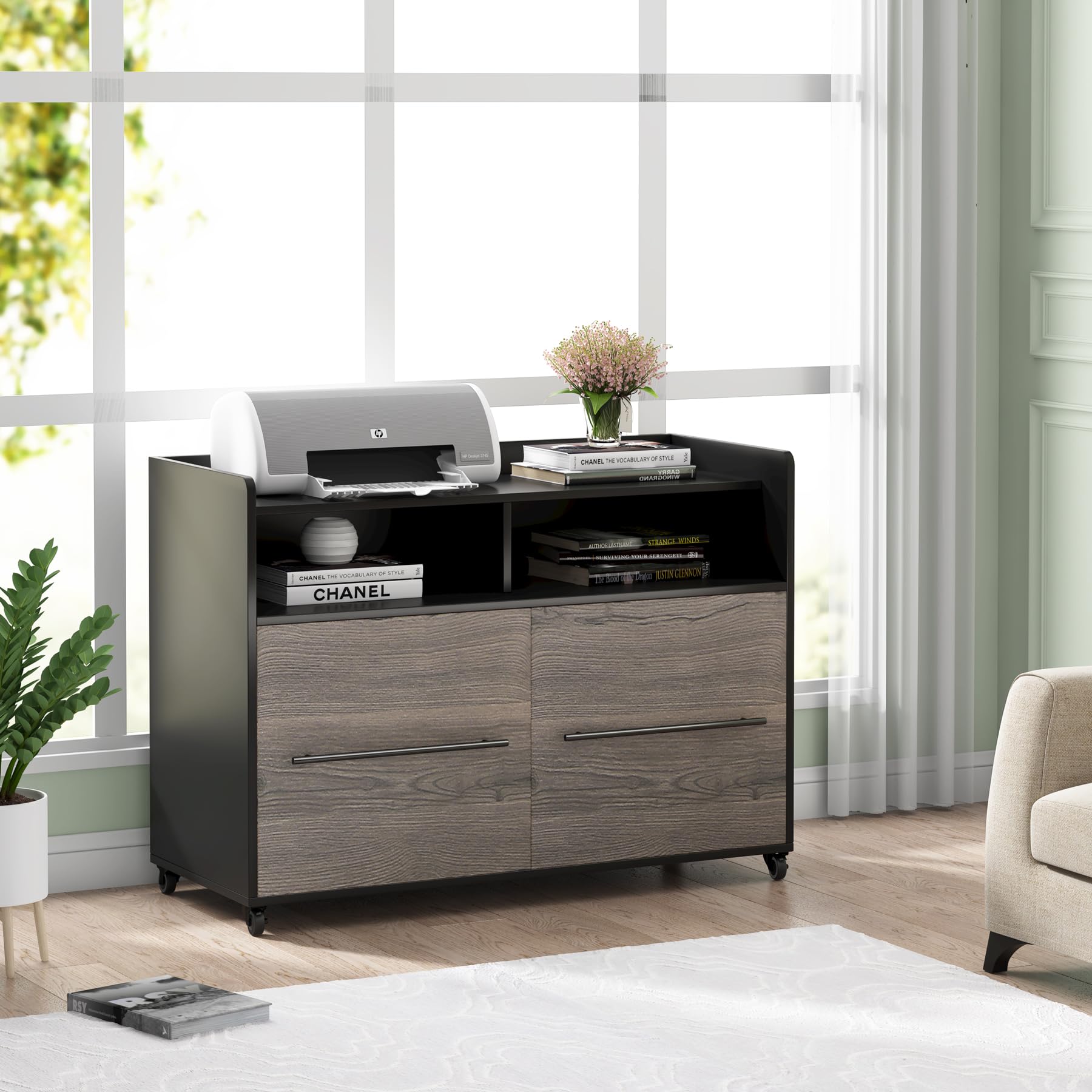 Tribesigns 2 Drawer File Cabinet Rolling Filing Cabinets for Home Office Grey lateral File Cabinet Wood File Cabinet for Letter Size, Printer Stand with Rolling Wheel and Open Storage Shelves