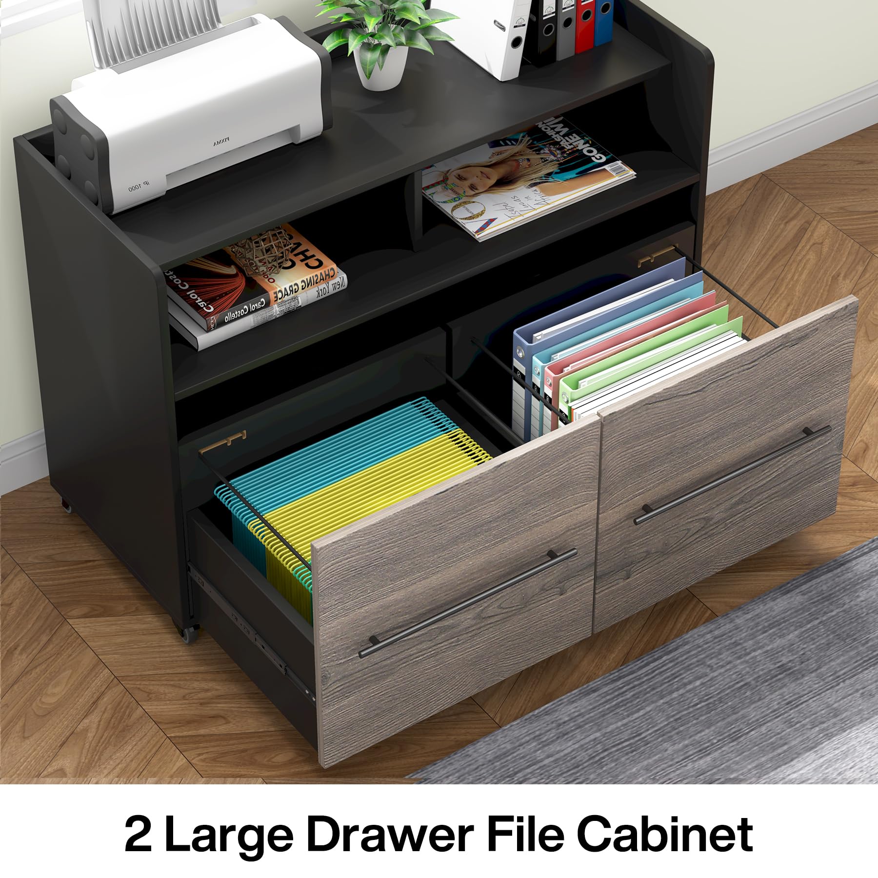 Tribesigns 2 Drawer File Cabinet Rolling Filing Cabinets for Home Office Grey lateral File Cabinet Wood File Cabinet for Letter Size, Printer Stand with Rolling Wheel and Open Storage Shelves