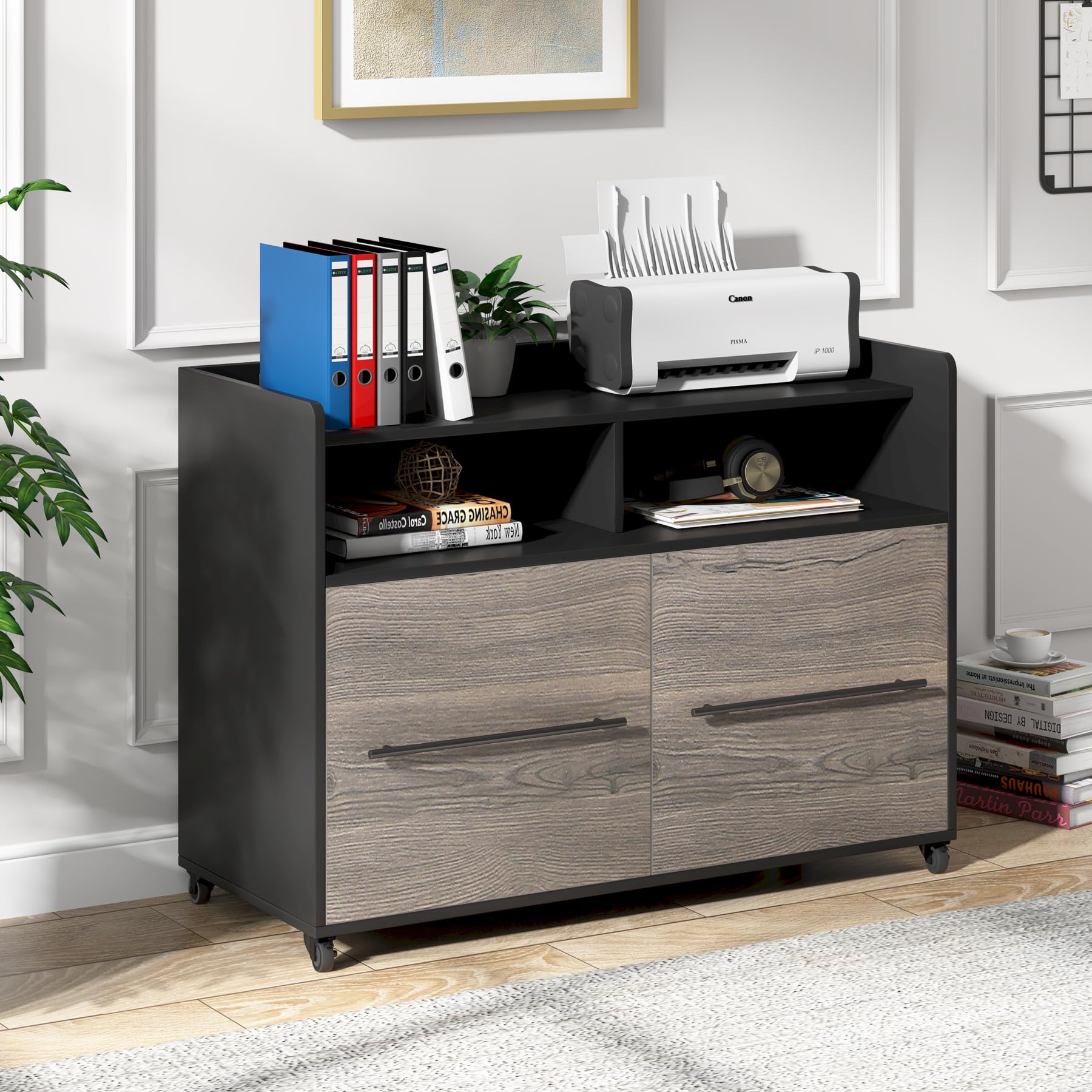 Tribesigns 2 Drawer File Cabinet Rolling Filing Cabinets for Home Office Grey lateral File Cabinet Wood File Cabinet for Letter Size, Printer Stand with Rolling Wheel and Open Storage Shelves