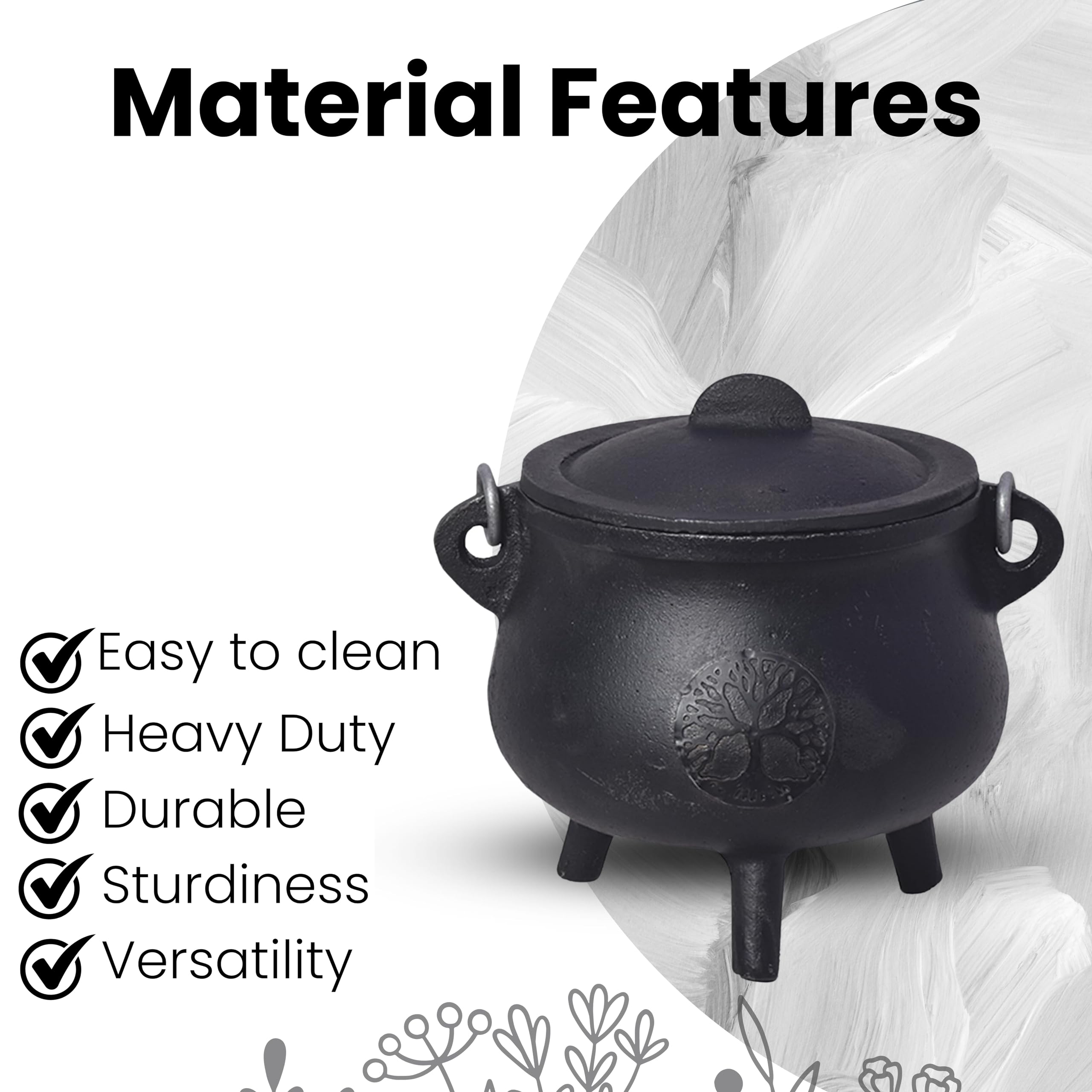 SOUL STICKS Reusable 6 Cast Iron Cauldron with Lid and Hanging Handle for Spell Casting, Smudging, Ritual & Blessings Pot Belly Witchcraft (Tree of Life)