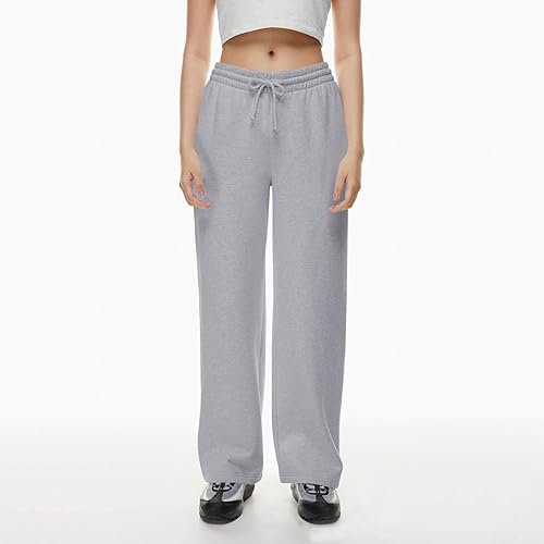 Lounge Pants Women Drawstring Straight Wide Leg Baggy Fall Sweatpants Elastic Waist Comfort Solid Color Trousers with Pocket Beach Pants for Women (Grey,XL)