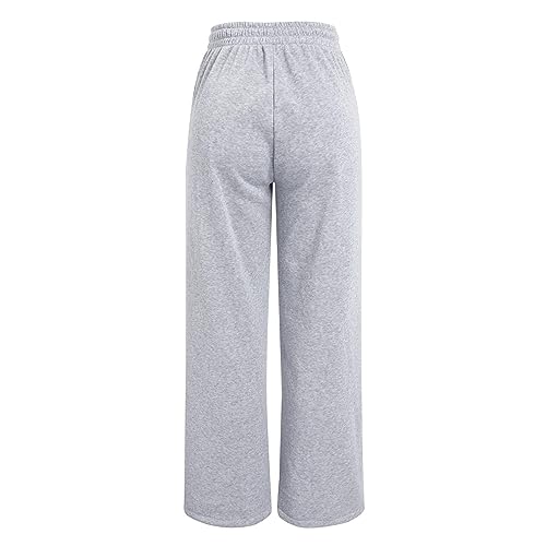 Lounge Pants Women Drawstring Straight Wide Leg Baggy Fall Sweatpants Elastic Waist Comfort Solid Color Trousers with Pocket Beach Pants for Women (Grey,XL)