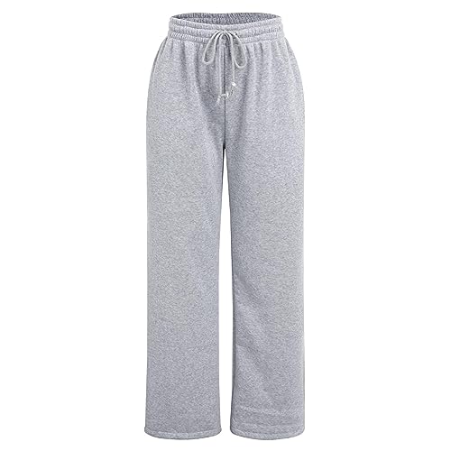 Lounge Pants Women Drawstring Straight Wide Leg Baggy Fall Sweatpants Elastic Waist Comfort Solid Color Trousers with Pocket Beach Pants for Women (Grey,XL)