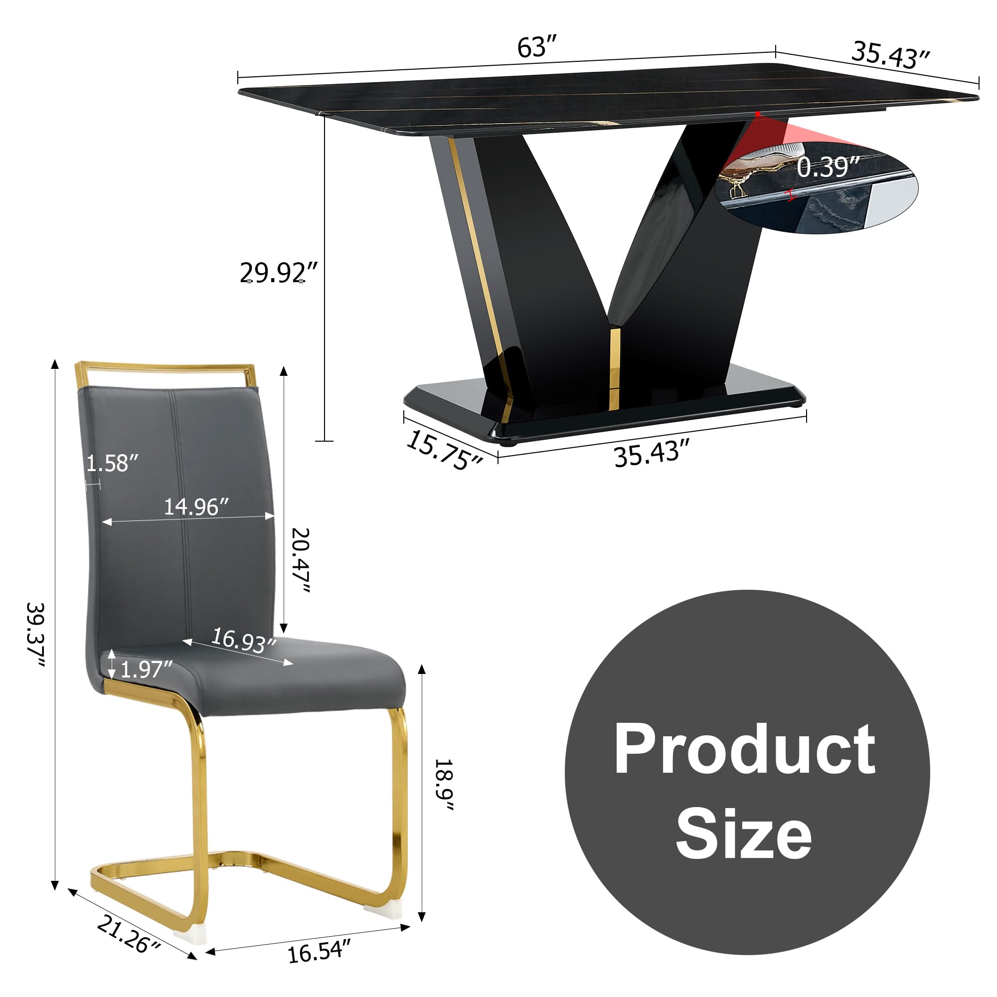 WEKEOT 7 Pieces Modern Dining Table Set 63" Faux Marble Dining Room Table with 6 PU Leather Chair Black Dining Table Set Rectangle Dinner Table Set for Kitchen, Restaurant