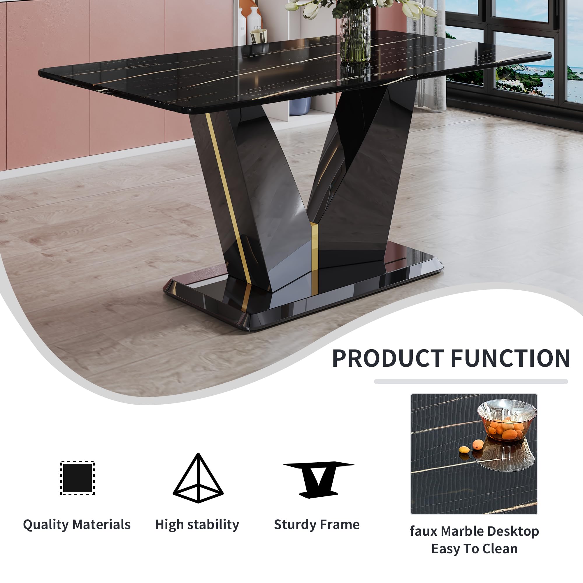 WEKEOT 7 Pieces Modern Dining Table Set 63" Faux Marble Dining Room Table with 6 PU Leather Chair Black Dining Table Set Rectangle Dinner Table Set for Kitchen, Restaurant