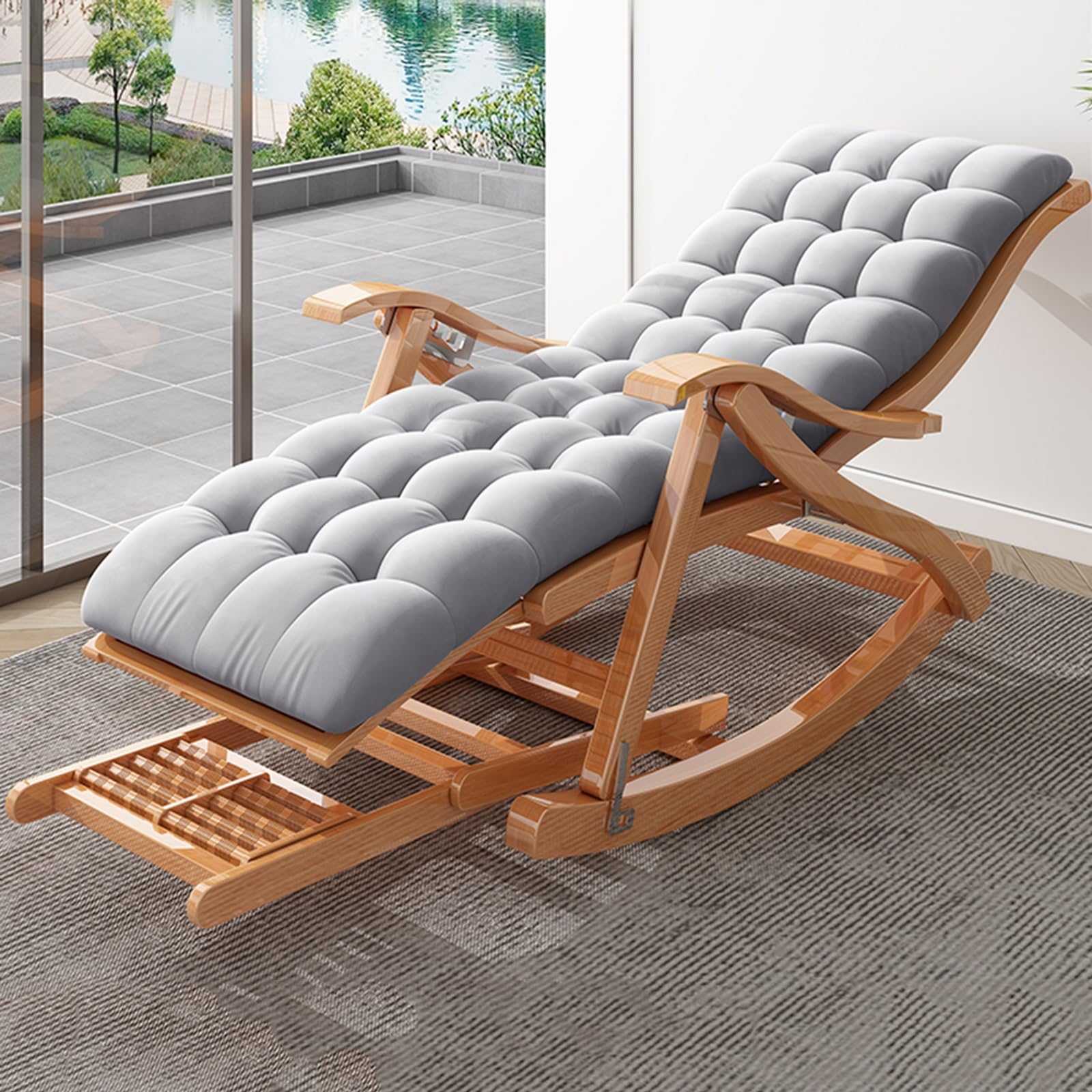 Oversized Rocking Chair,Adjustable Rocking Chair,Outdoor Patio Rocking Chair with Headrest Pillow and Foot Massage Board,Load-Bearing 180KG Comfort Bamboo Loungers Deck Chair Patio Pool Garden Chair (
