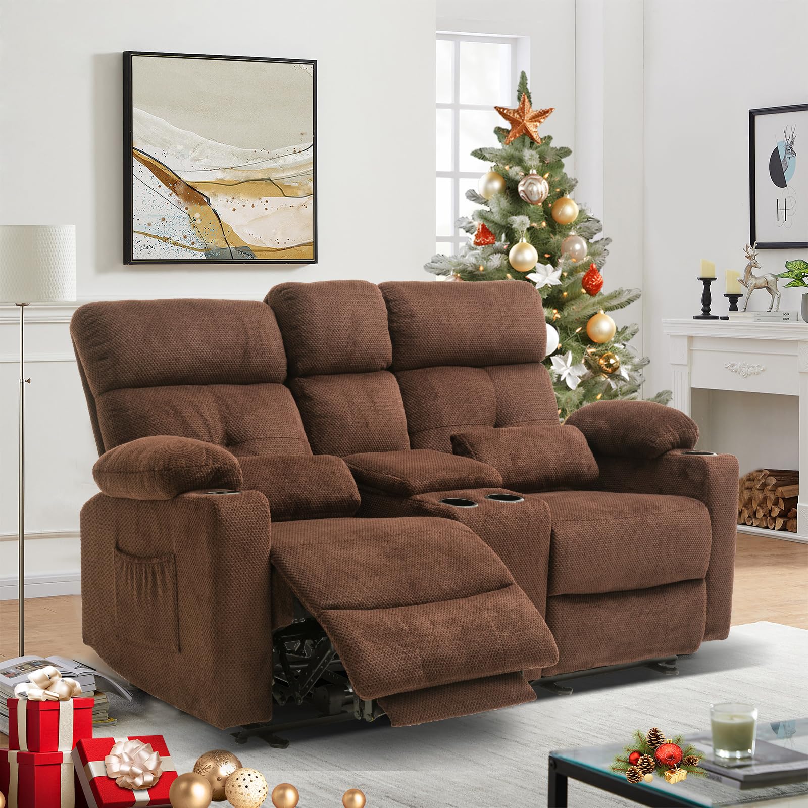 RIHEREFY 68'' RV Power Loveseat Recliner Sofa | Reclining Loveseat with Console & Cup Holder | Double Recliner Sofa | Theater Seating Loveseat with Heat and Massage (Fabric, Coffee)